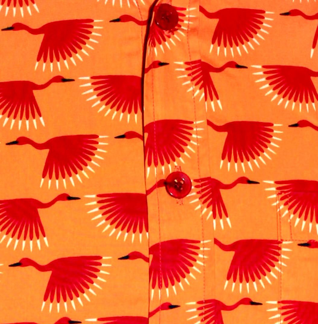 Graphical Bird design Long Sleeved Retro 70s Cotton Shirt (Orange/Red ...